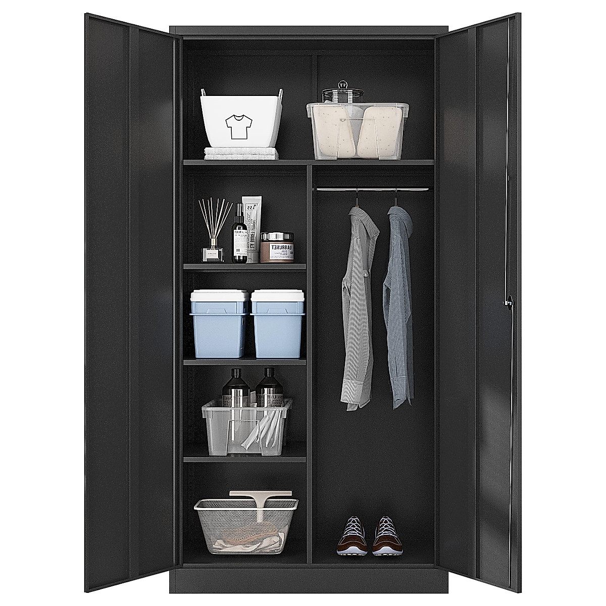 Yizosh Metal Armoire Wardrobe Closet Cabinet for Hanging Clothes with Lock Doors, -72" Steel Lockable Wardrobe Storage Locker Clothes Organizer for Bedroom, Laundry Room (Black)