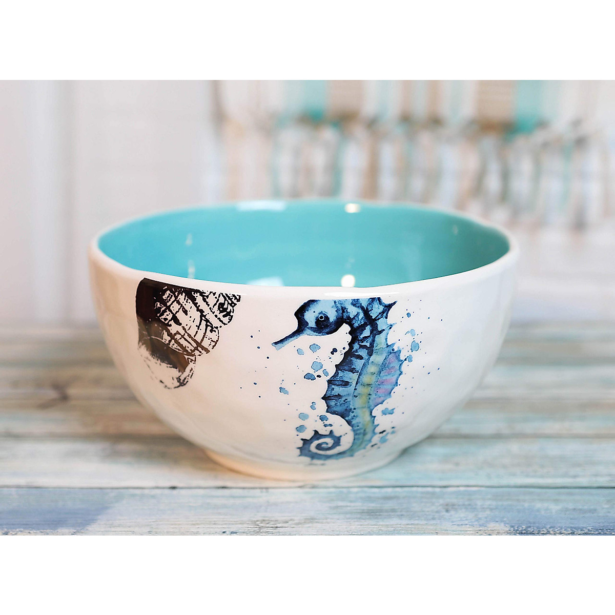 Ebros Nautical Marine Coastal Sea Life Blue And White Seahorse Ceramic Dinnerware For Beach Party Hosting Kitchen And Dining Earthenware Serveware (Large Pasta Noodles Salad Soup Serving Bowl 95oz)