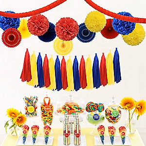 InBy Carnival 28PCS Red Blue Yellow Party Decorations Kit - 12" 10" Tissue Flower Paper Pom Poms 8" Paper Fan Tassel Garland for Birthday Bridal Baby Shower Wedding Bachelorette Decoration Supply