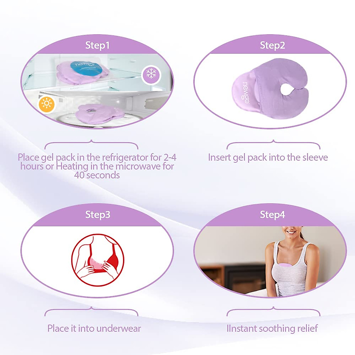 NEWGO Breast Ice Pack for Breast Surgery, 2 Pack Nipple Ice Packs Breastfeeding Ice Packs Reusable for Nursing Mother, Hot Cold Therapy Breast Gel Pack with Washable Cover(Purple)