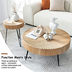 COZAYH 2-Piece Modern Farmhouse Living Room Coffee Table Set, Nesting Table Round Natural Finish with Handcrafted Wood Radial Pattern
