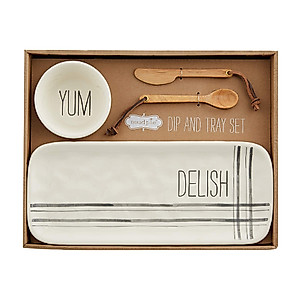 Mud Pie Bistro Boxed Dip and Tray, Size 5" x 12" | Cup 2" x 3 1/4" Dia | Utensil 5", White