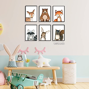 6 Pieces Woodland Animals Nursery Canvas Wall Art Cute Safari Jungle Animal Deer Bear Bunny Pictures Baby Room Posters Farmhouse Forest Theme Fox Squirrel Raccoon Prints Decor 8x10in Unframed