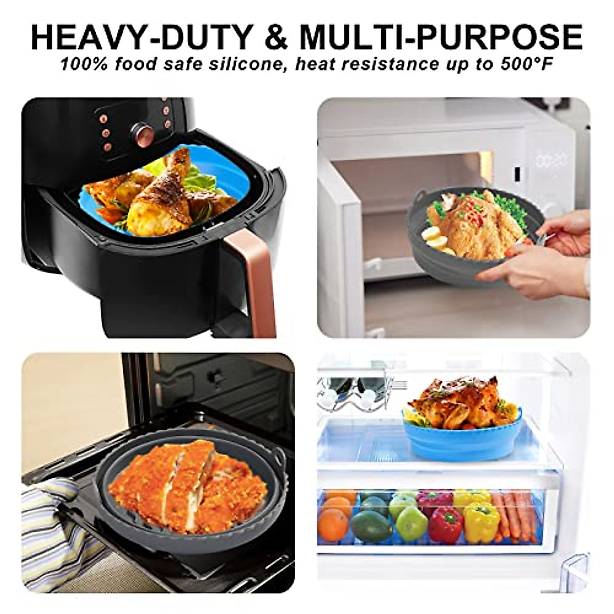 Greenby 2PCS Reusable & Foldable Silicone Air Fryer Liners for 4-6QT 8-9inch Air Fryer Basket Food Safe BPA Free Dishwasher Safe Heat Resistant Replacement for Flammable Paper Liner (Blue&Grey)