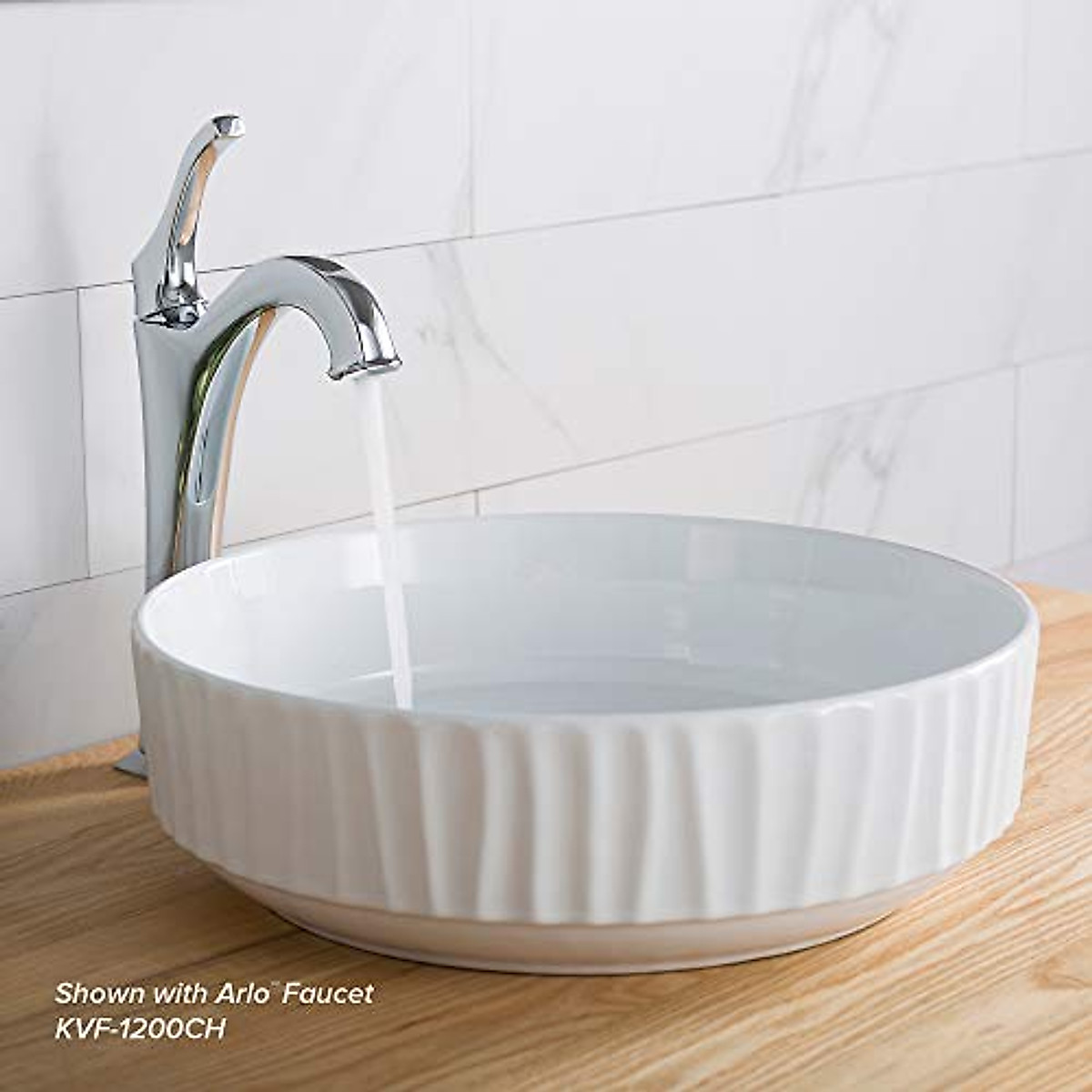 KRAUS Viva™ Round White Porcelain Ceramic Vessel Bathroom Sink with Pop-Up Drain, 15 3/4 in. D x 4 3/4 in. H, KCV-201GWH