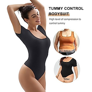 SHAPERX Seamless Short Sleeve Bodysuit for Women Tummy Control Shapewear Thong Sculpting Body Shaper,SZ5253-Black-S/M