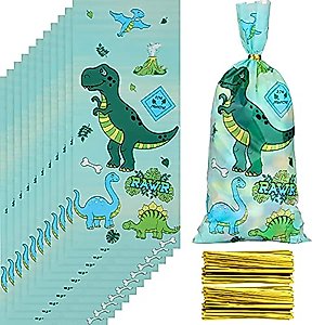 Fulmoon 100 Pieces Dinosaur Cellophane Bags Party Candy Dino Theme Birthday Goodie Treat with 150 Twist Ties for Supplies, 5 x 11 Inches, 250 Piece Set
