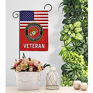 US Marine Corps Veteran Garden Flag - Set with Stand Armed Forces USMC Semper Fi United State American Military Retire Official - House Banner Small Yard Gift Double-Sided Made in USA 13 X 18.5