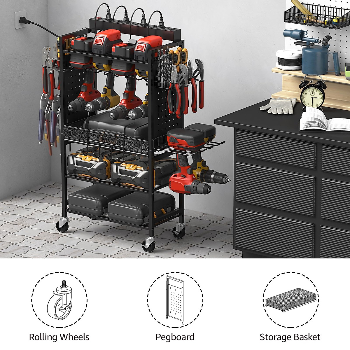 CCCEI Power Tool Organizer Cart with Charging Station, Garage Floor Rolling Storage Cart on Wheels for Mechanic, Mobile 6 Drill, Tool Box Utility Cart with Battery Charging Power Strip, Black