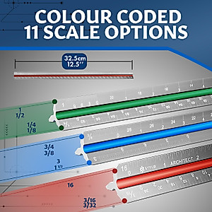 Stylo Aluminum Architect Scale Ruler 12" Laser Etched Triangle Drafting Ruler with Color - Coded Grooves for Blueprint, Drafting and Drawing - Imperial Architectural Scale Ruler for Blueprints