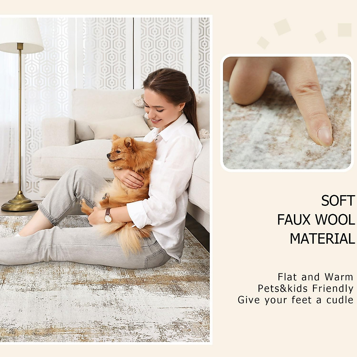 famibay Machine Washable Area Rugs 8x10 Rugs for Living Room Low Pile Neutral Area Rug Large Dining Room Rugs for Under Table Rubber Back Abstract Carpet Rugs for Living Room Under Bed(Beige/Camel