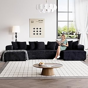 ONEMMLION 131" Modular Sectional Couch, Luxury Couches for Living Room, Comfy Corduroy Couch Sectional Sofa with Double Chaise Lounge, Free Combination Sleeper Sofa with Memory Foam, Black