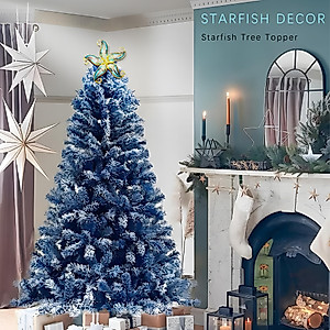 POXOHO Metal Starfish Wall Decor, Sea Life Coastal Decorations 12 inch Starfish Wall Art, Nautical Home Decoration Handing Ocean Beach Wall Art for Garden,Fence,Home,Patio,Kitchen,Bathroom,(Blue)