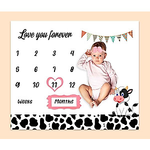 PHMOJEN Cow Milestone Blanket for Baby Boy, Farm Animals Cow Print Photography Background Newborn First Year Growth Blanket for Baby Pictures Include 4 Frames and 1 Headband 48"x40" BTYYPH46