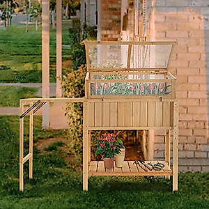 MCombo Cold Frame Greenhouse with Foldable Potting Table, Raised Garden Bed Planter Box with Legs and Wooden Greenhouse with Shelf for Vegetables, Herb and Flowers Use, 0399 (Natural)