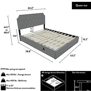 DG Casa Ardon Upholstered Platform Bed Frame with Storage Diamond Button Tufted Nailhead Trim Adjustable Height Headboard Full Wooden Slats - Queen Size Bed in Grey Fabric