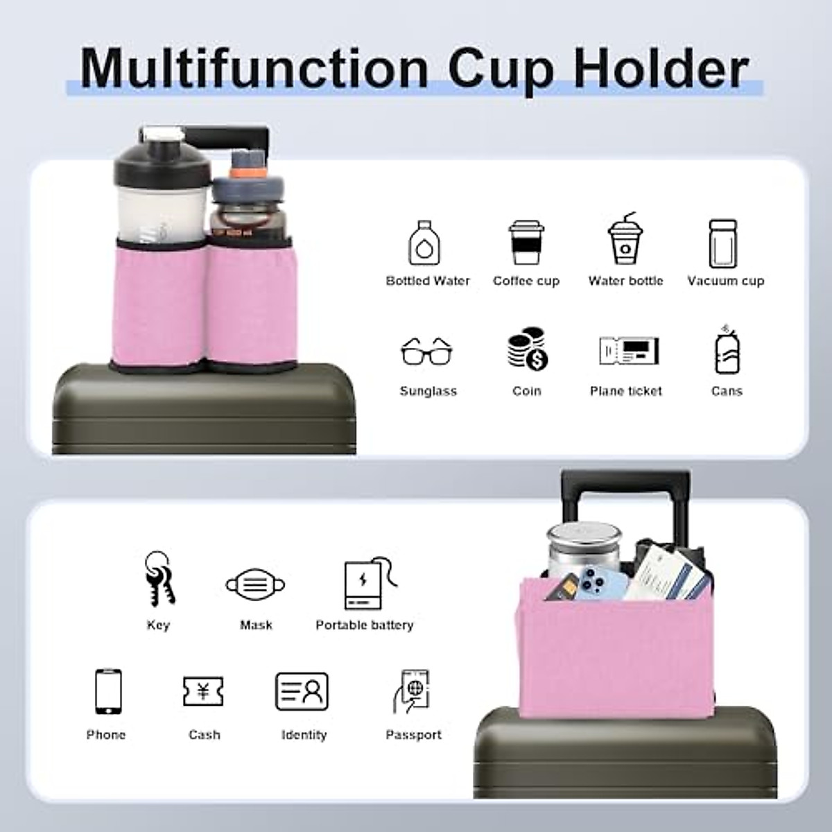 Luggage Cup Holder for Suitcases Free Hands, Travel Accessories, Luggage Cup Caddy Gifts, Beverage Holder, Universal Luggage Accessories for Flight Attendants, Business Travelers, Pink