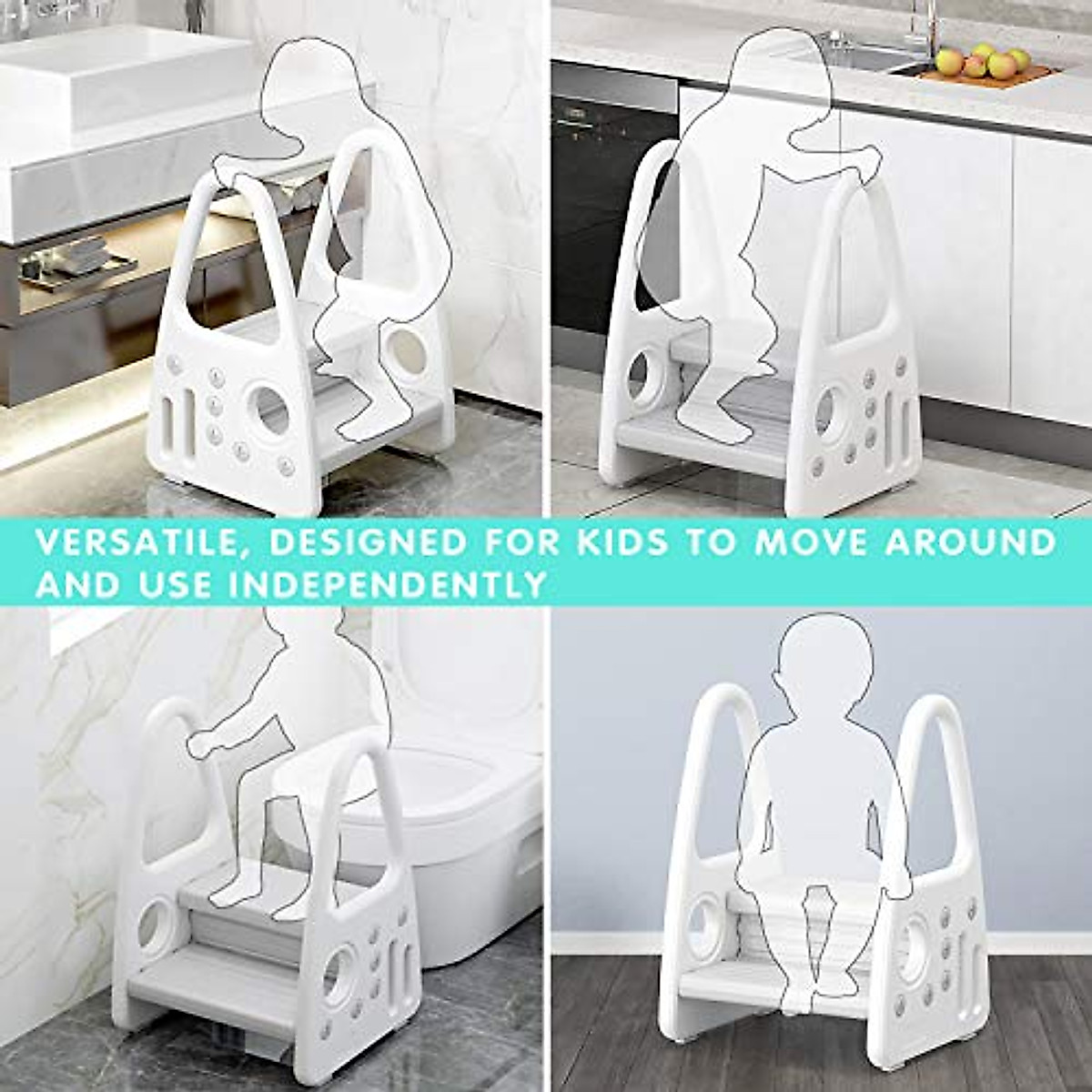 Toddler Step Stool with Handles, Two Step Stool for Toddler and Kids, Reaching Bathroom Sink, Toilet Potty Training (Gray)