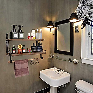 Hoanvi Floating Shelves with Towel Bar for Bathroom Décor Organizer, Wall Mount Shelves with 8 Hooks for Kitchen Spice Rack Storage, Wooden Wall Hanging Shelf for Bedroom, Living Room.(Rustic, 2-Tier)