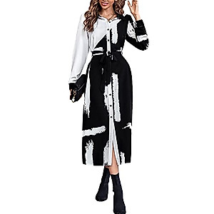 WDIRARA Women's Colorblock Brush Print Button Front Long Sleeve Belted Maxi Shirt Dress Black and White M