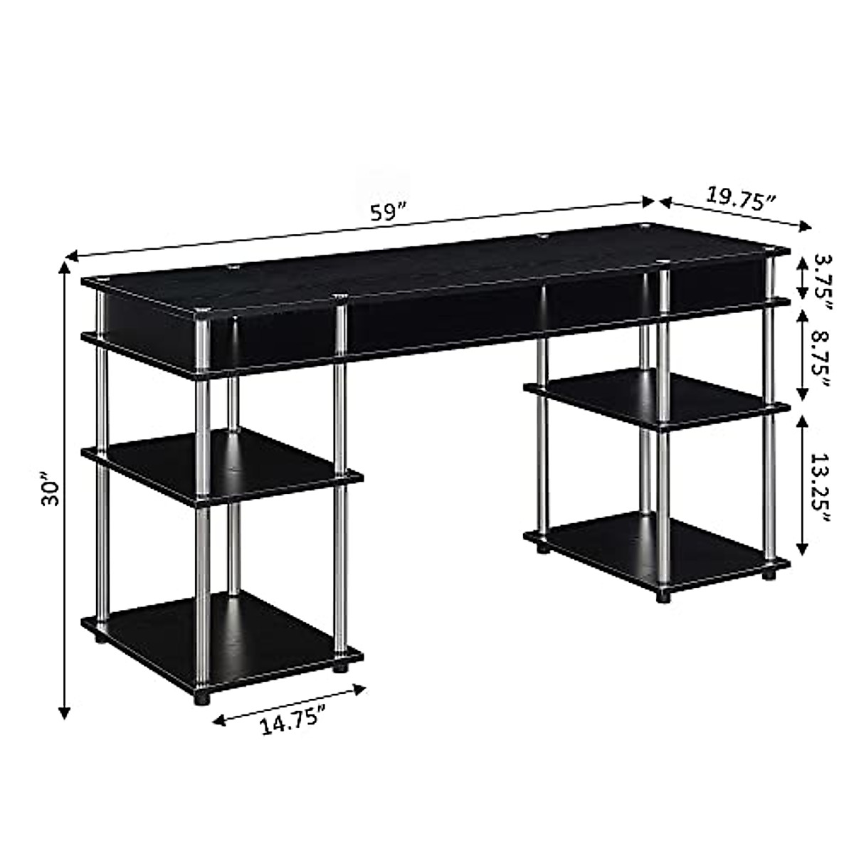 Convenience Concepts Designs2Go No Tools Deluxe Student Desk with Shelves, 60", Black