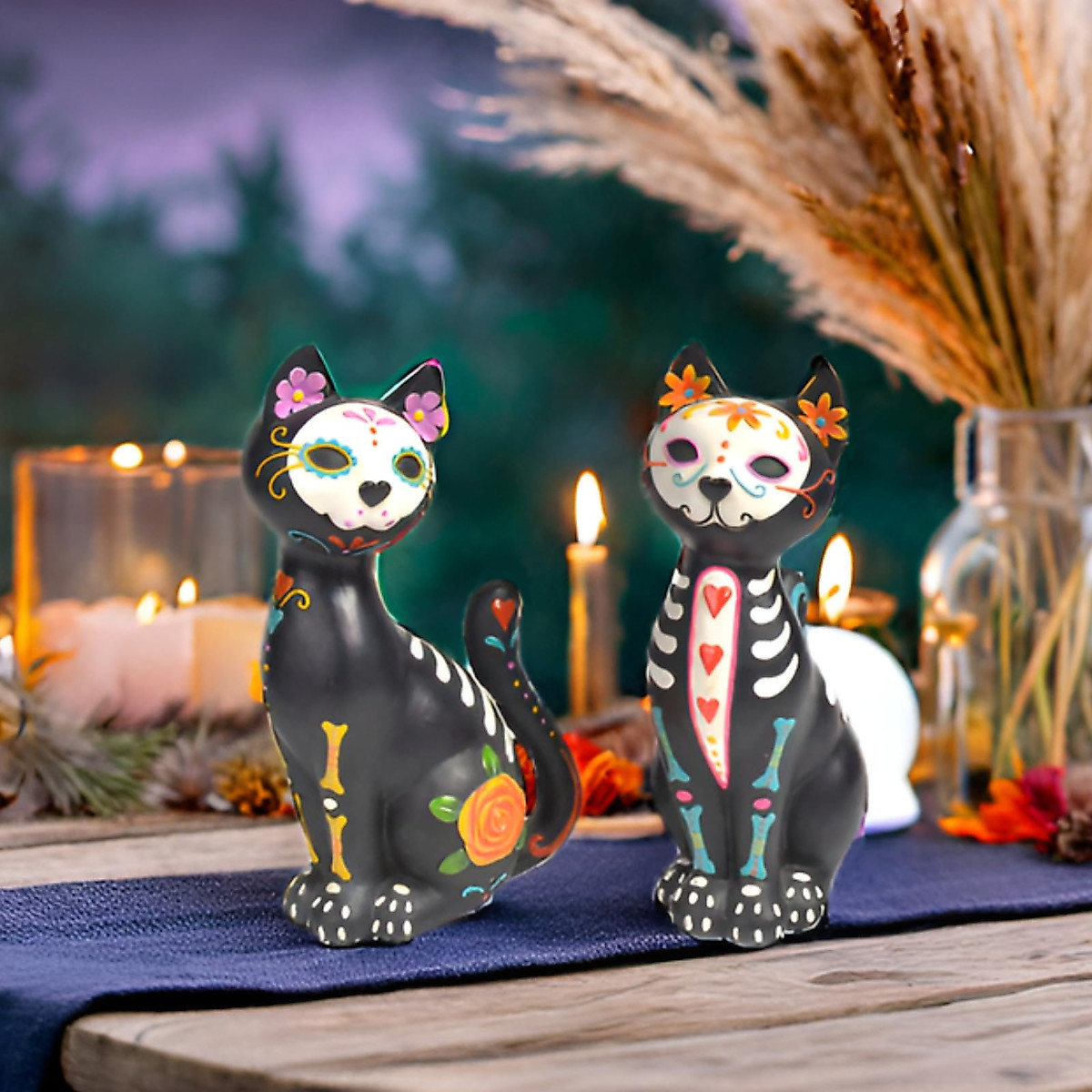 Newman House Studio Sugar-Skull Halloween-Decorations - Day-of Dead-Figurines Floral Cats Couple-Decor Dia de Los Muertos Black Kitten Collectibles Set of 2, 6.3L x 4.0W x 10.2H inch
