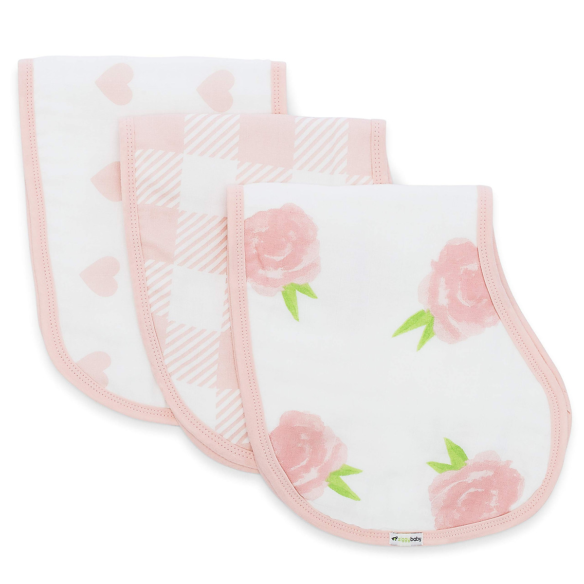 Ziggy Baby Muslin Burp Cloths, Burpy Bib Set (3 Pack) Pink Peony, Heart and Buffalo Plaid
