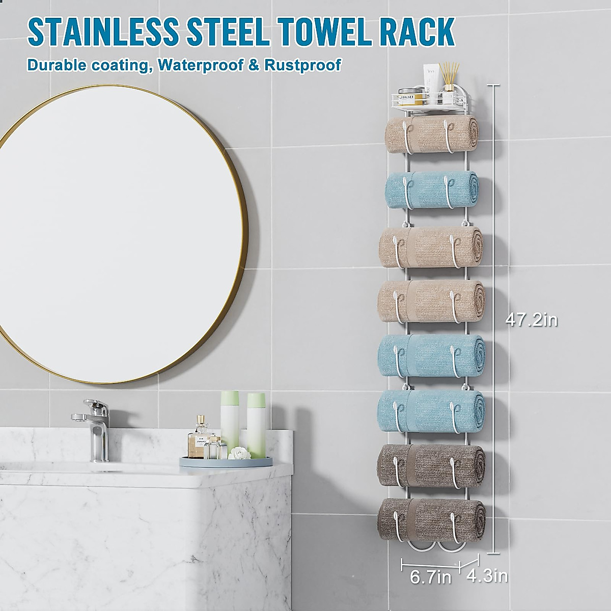 Wall Mount Metal Wire Towel Storage Shelf Organizer Rack Holder with 9 Compartments, Shelves for Bathroom Towels Towel Rack Holder Wall Mount Towel Holder Towel Rack Towel Rack Organizer White