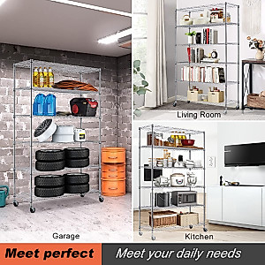Heavy Duty Storage Shelves Hold 2100LBS Metal Shelves with Wheels Adjustable 6 Tier Wire Shelving Unit NSF Shelving for Closet Kitchen Garage Basement, 82" H x 48" L x 18" D- Chrome