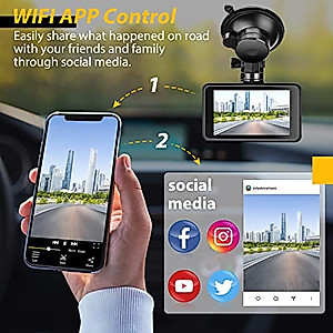 Dash Cam Front and Rear with WiFi, 1080P FHD Dash Camera for Cars, Dual Dashcam with 3 Inch Display, Super Night Vision, 170° Wide Angle, G-Sensor, Loop Recording, Parking Monitor, Support 128GB Max