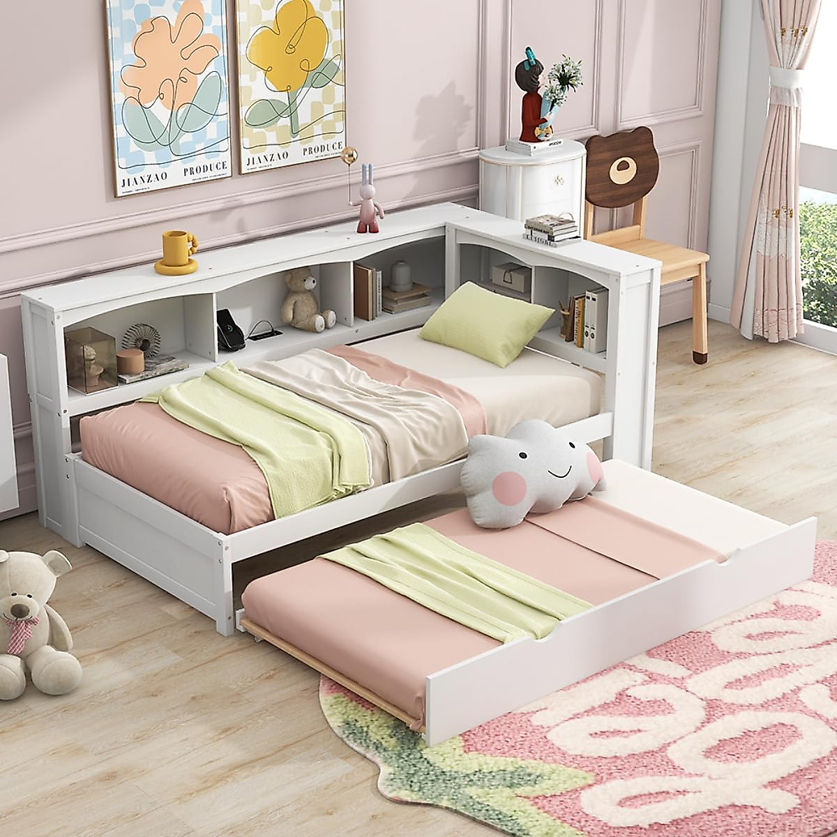 DNChuan L-Shaped Twin Bookcase Bed with Trundle,Daybed with Storage Bookshelf Headboard and USB Ports for Kids Girls Boys-White