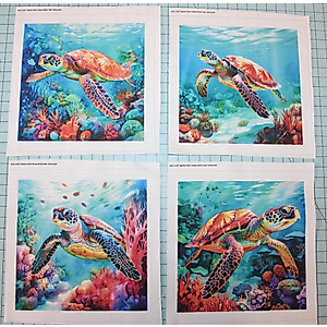 4 Piece 6"x6" Sea Turtles Fabric Panel Squares - Quilting Sewing Blocks