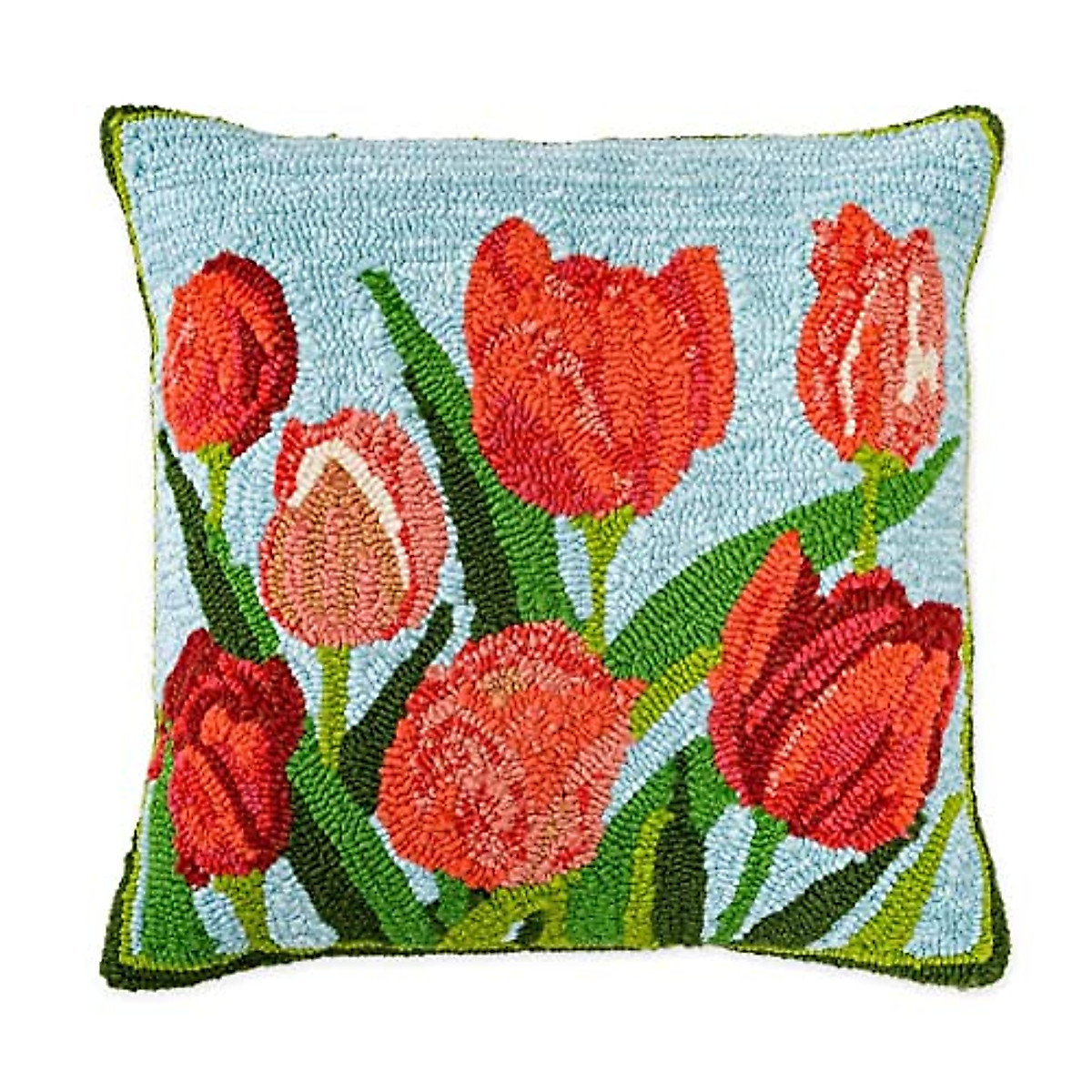 Plow & Hearth Indoor/Outdoor Pink Tulips Hooked Polypropylene Throw Pillow, Finely Detailed, All-Weather, Durable Polypropylene/Poly-Canvas Cover, Easy to Clean, Machine Washable, 18" sq.