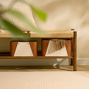 LA JOLIE MUSE Storage Baskets for Organizing, 2 Pack, Storage Cube Boxes Luxury Brown Vegan Leather and Beige Greige Fabric for Closet Shelf Cabinet Bookcase