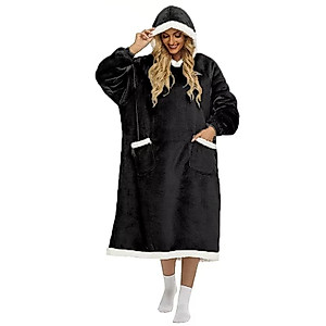 COTTEBED Black Sherpa Hoodie Women Wearable Blanket Men Hooded Sweater Blanket with Pockets Long Sleeve Blanket Robe Adult Comfy Thick Sweatshirt Throws Black