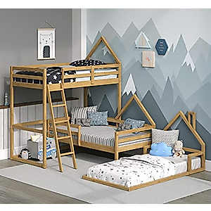 P'Kolino Casita House Twin Floor Bed - Montessori Inspired - Solid FSC Certified Solid Wood Floor Bed - Natural Wood