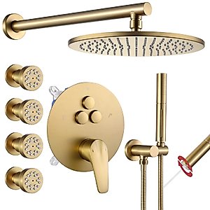 VANFOXLE Shower Faucet Brushed Gold Shower System,Push Button Diverter Shower Faucet with 2 in 1 Handheld,Wall Mount 10 Inch Shower Head with 4 PCS Dual Modes Body Jets(2 Inch)