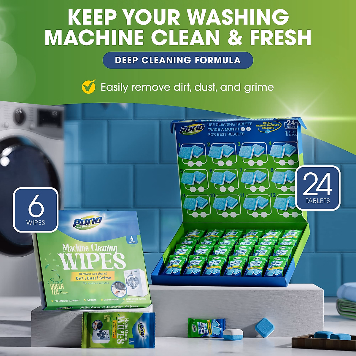 PURIO Washing Machine Cleaner Tablets 24-Ct Deep Cleaning Formula Washer Machine Cleaner Top Load & Front Load Standard & HE Washers