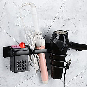 MORROWIND Hair Dryer Holder, Wall Mounted Hair Dryer and Straightener Holder Space-Saving Hair Care Tools Organizer Bathroom Hanging Shelf Hairdryer Storage Holder with Plug Hook, Black