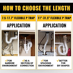 VIVIDA 1-1/2" Sink Drain Pipe Kit, Flexible Sink Drain Pipe P-Trap, 7.5"-17.7" Flexible Sink Drain P-Trap for Bathroom Sink and Kitchen Sink, 1-1/4" Adapter Included, 1 PACK