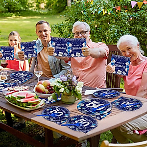 96 Pcs 50th Birthday Party Supplies Navy Blue and Silver Birthday Plates 50th Birthday Paper Tableware Happy Birthday Party Plates and Napkins Forks Blue Birthday Table Decorations for 24 Guests
