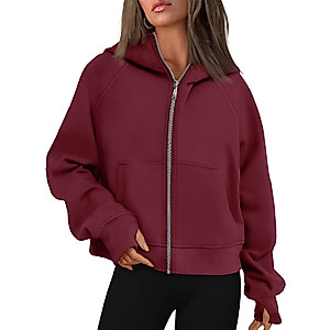 AUTOMET Womens Oversized Sweatshirts Zip Up Cropped Hoodies Fleece Jackets Full Zip Pullover Sweater 2024 Fall Fashion Outfits Trendy Winter Clothes Winered