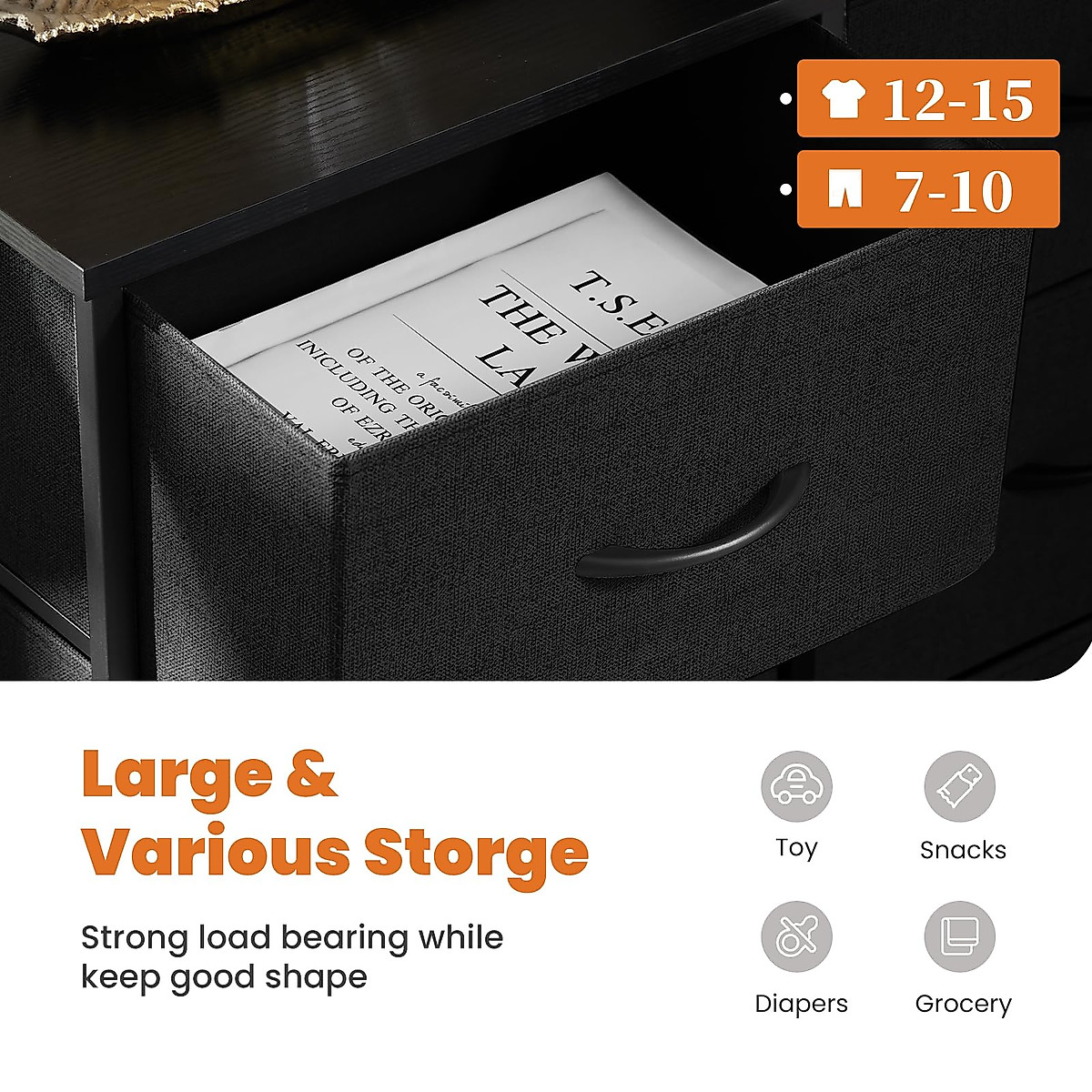 Sweetcrispy Dresser, Dresser for Bedroom Drawer Organizer Storage Drawers, Fabric Storage Tower with 8 Drawers, Chest of Drawers with Steel Frame, Wood Top for Nursery, Living Room, Closet