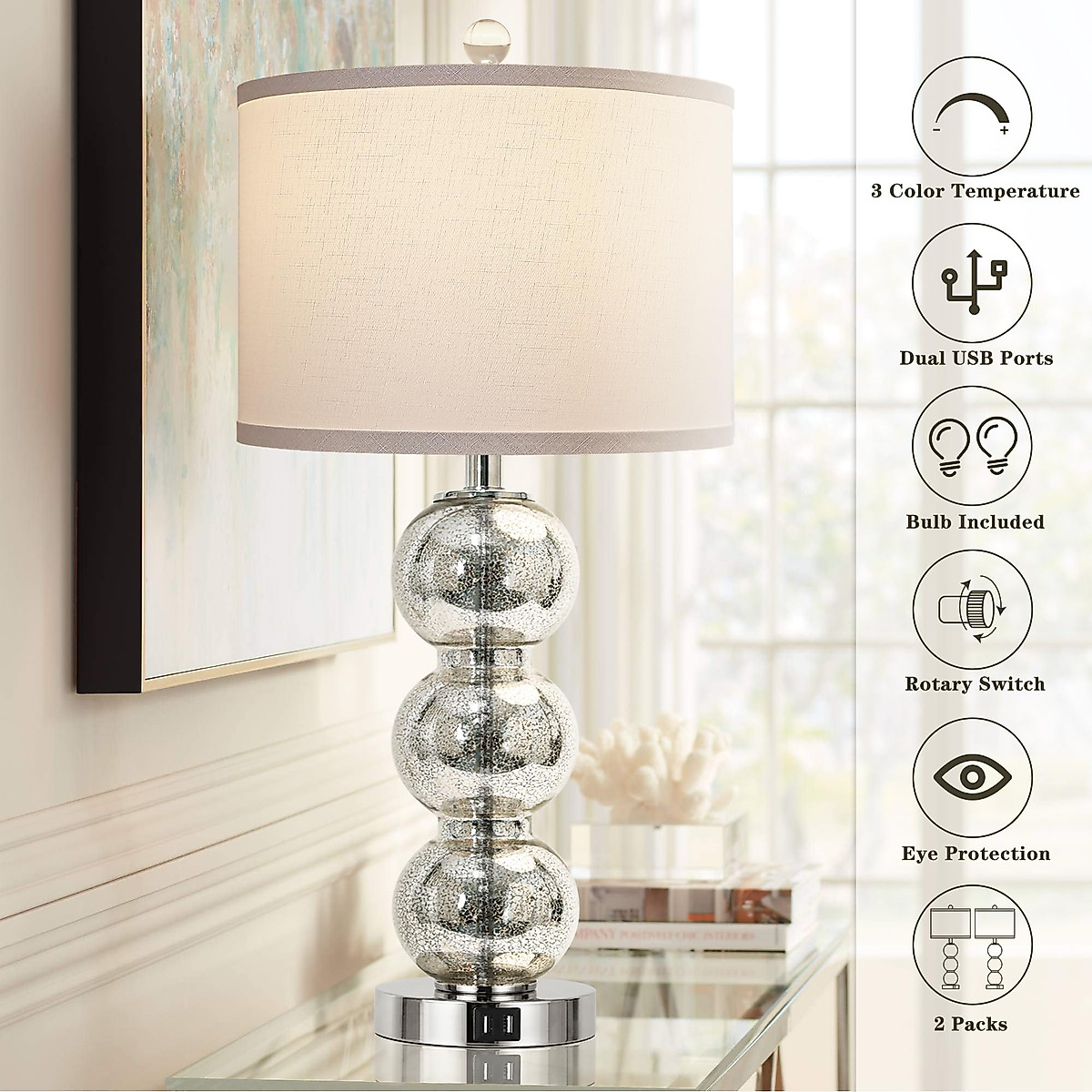 Set of 2 Table Lamps for Living Room Glass Triple-Sphere 27" Tall Table Lamp Contemporary Bedside Desk Nightstand Lamp for Bedroom Living Room Office, Mercury Silver/Chrome