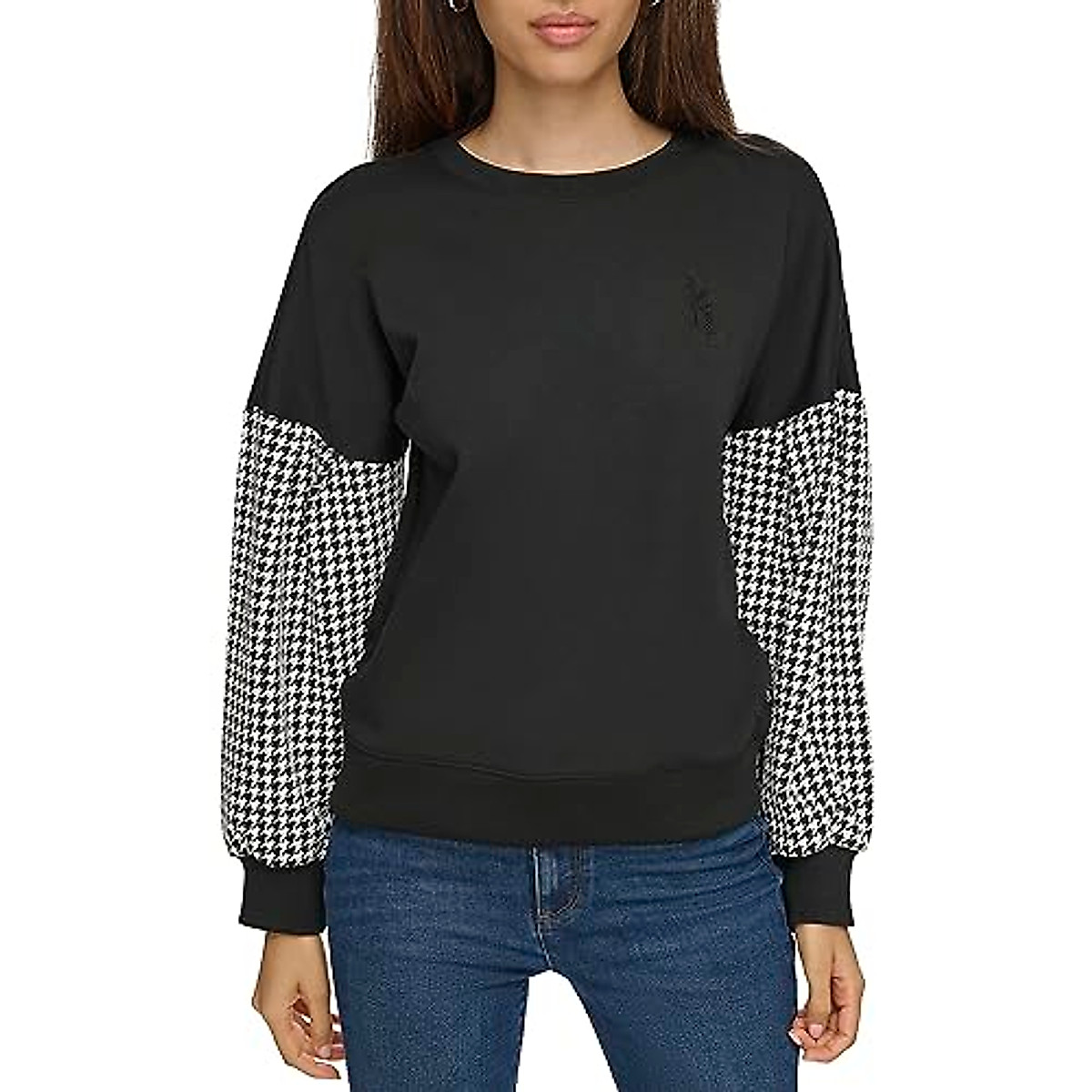 Karl Lagerfeld Paris Women's Houndstooth Detail Long Sleeve Blouse, Black