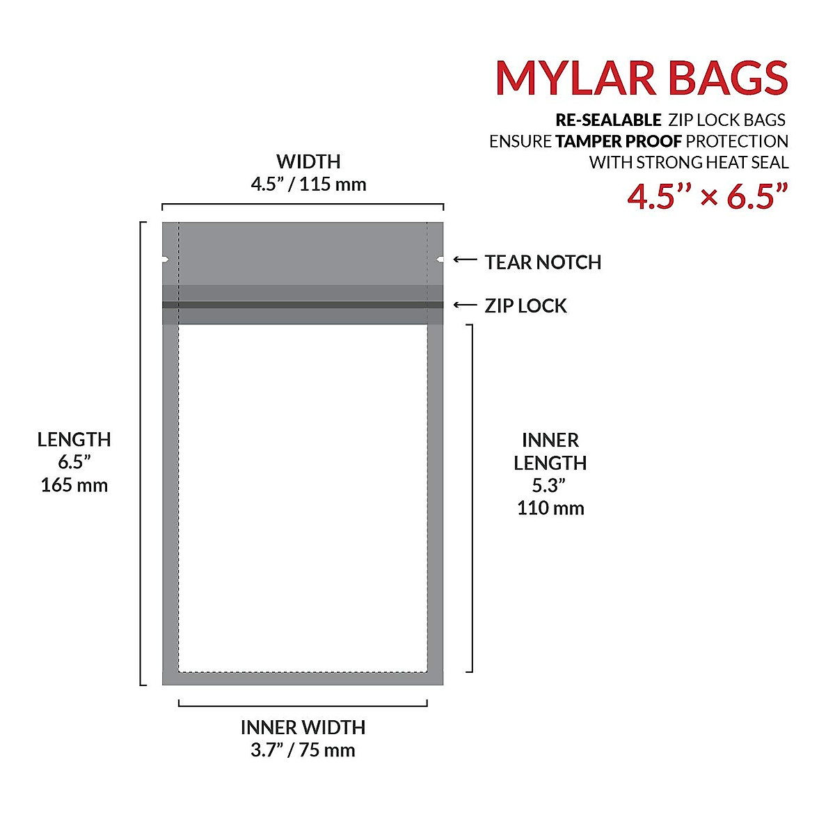 Mylar Bags with Ziplock 4.5" x 6.5" | 100 Bags | Sealable Heat Seal Bags for Candy and Food Packaging, Medications and Vitamins | Plastic and Aluminum Foil Packets for Liquid and Solids
