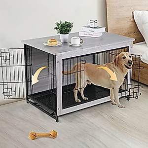 Arlopu 44.1/38.6/29.1 Large Dog Crate Furniture, Side End Table, Mordern Kennel, Wooden Heavy-Duty Dog Cage, Dog House, Indoor End Table, Night Stand,w/Removable Tray, Double-Door, 3mm(Dia) Wire