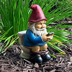 Sunnydaze Cody The Garden Gnome on The Throne Reading His Phone - Funny Lawn Decoration - 9.5 Inches Tall