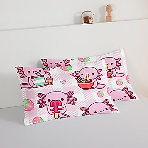 HOSIMA Axolotl Comforter Set Twin Size for Kids Girls,Pink Cartoon Axolotl Eat Dessert Printing Bedding Set Twin Size for Princess Bedroom Decor with Two Pillowcases.