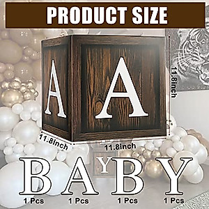 Wood Baby Shower Balloon Boxes, 4 Pcs Brown BABY Balloon Boxes with 30 Letter (A-Z + BABY) Wood Grain Printed for Boy Woodland Bear Baby Shower Party Decorations and Supplies